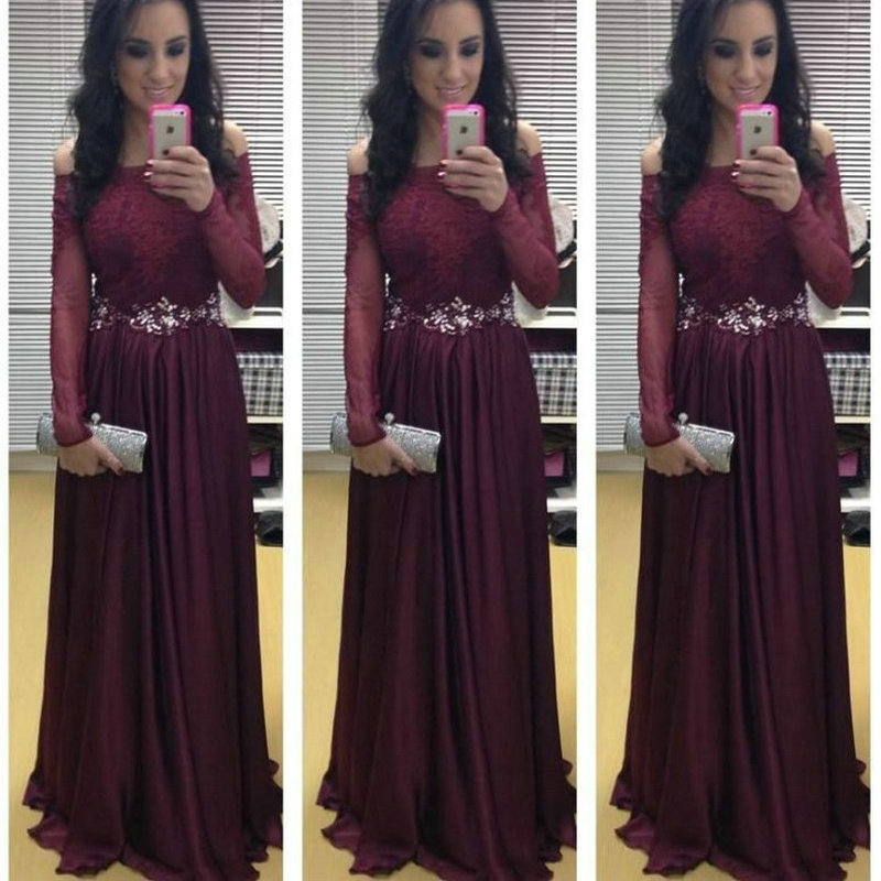 Off The Shoulder Maroon Prom Dresses 2018 Long Sleeve Evening Dress ...
